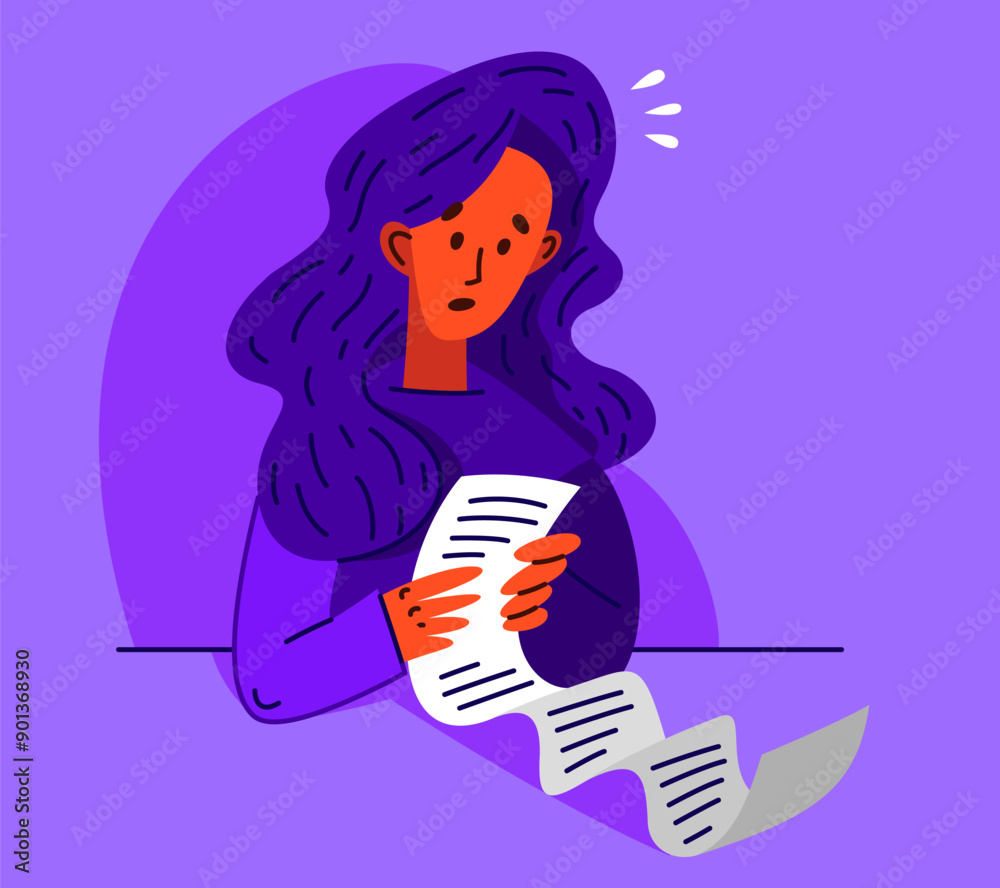 Young woman in trouble have a very long list to do, vector illustration ...