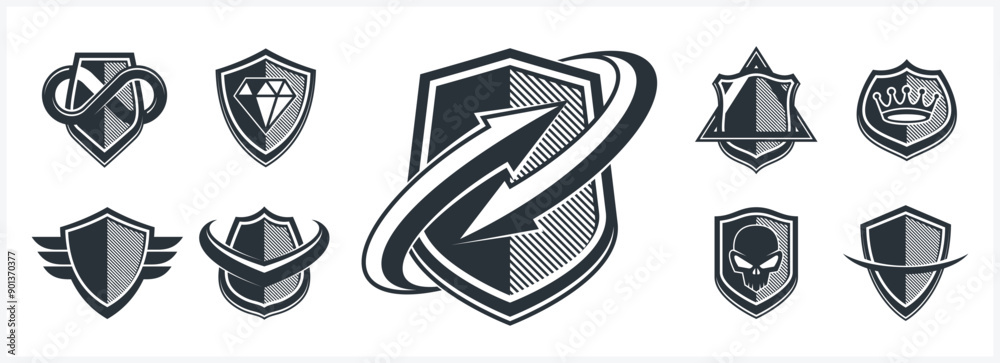Classic shields shapes set with different additional elements vector ...