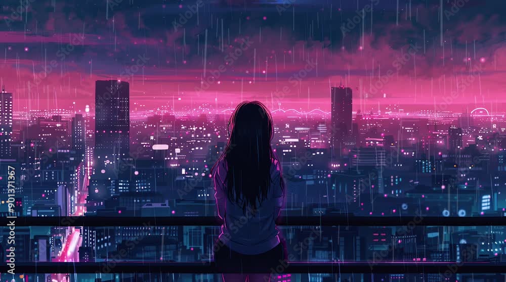 Anime girl standing alone on a balcony gazing at a glowing cityscape ...