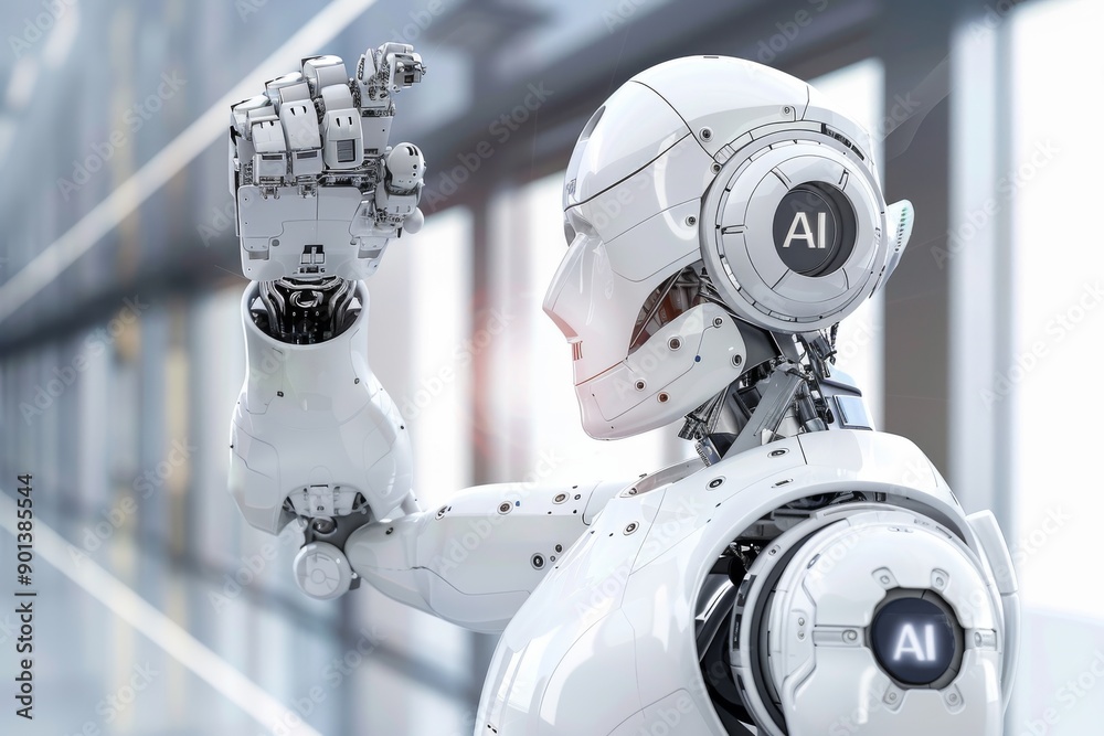 White AI robot standing in a modern industrial setting representing the ...