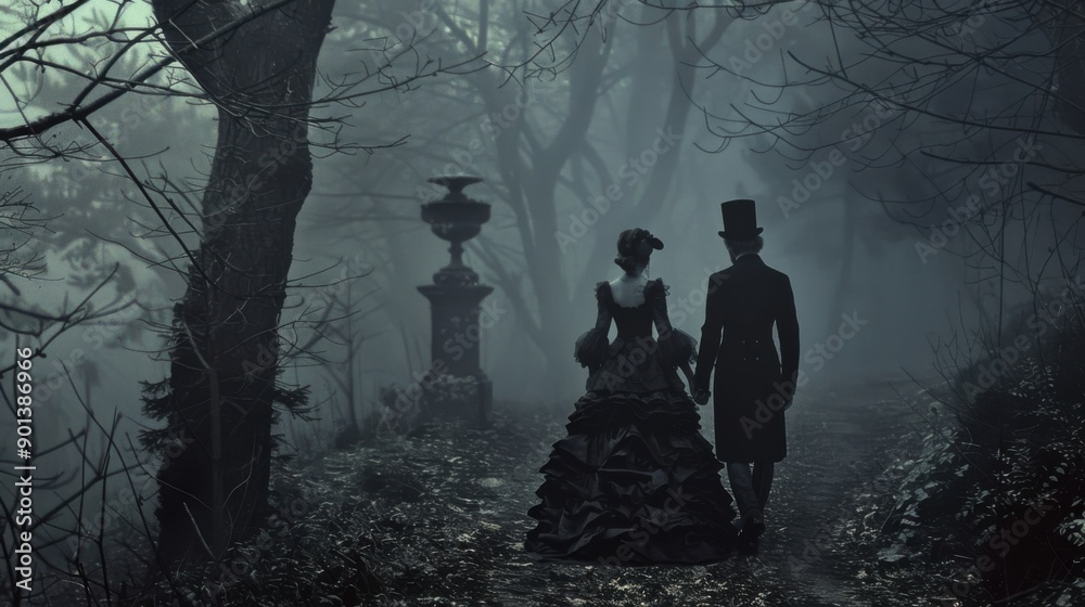Gothic Art: Woman in Fantasy Formal Dress Walking in Forest, Eerie ...