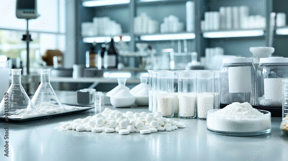 Laboratory setting with various glassware including beakers, test tubes ...