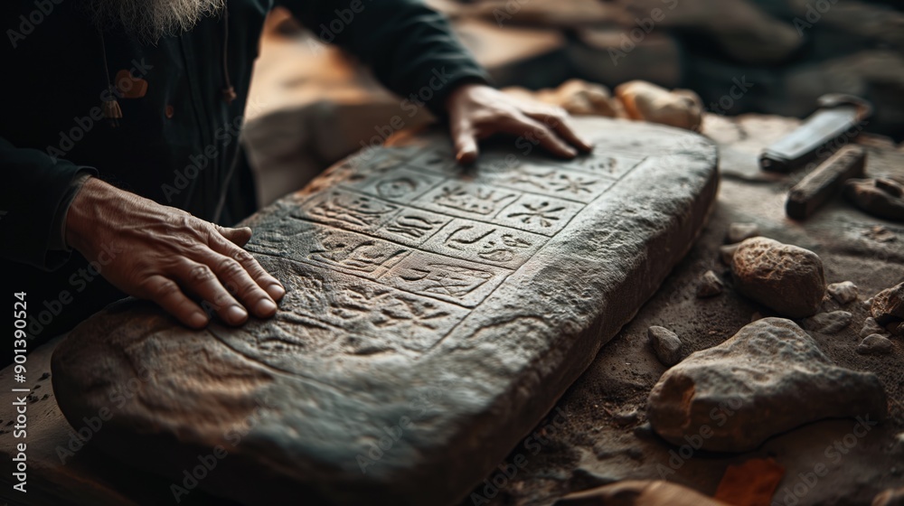 Person examining an ancient stone tablet with intricate symbols on a ...