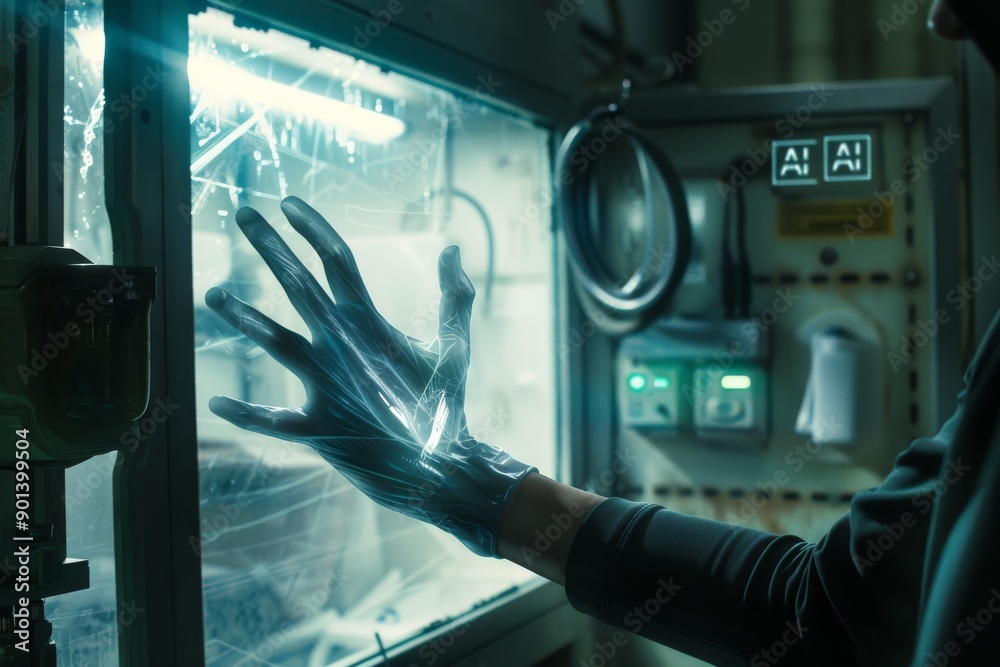 Futuristic depiction of a human hand interacting with an AI controlled ...