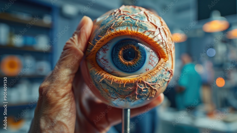 An eye model being used to explain eye anatomy to a patient ...