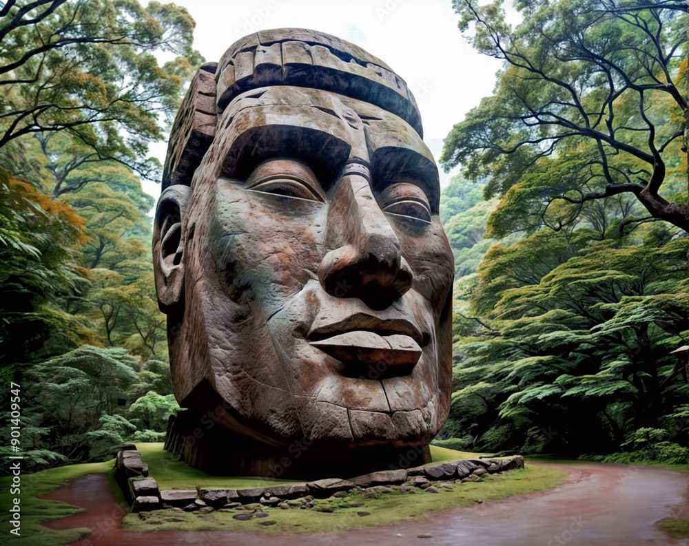 Giant stone head from an ancient buddhist culture found in a forest ...