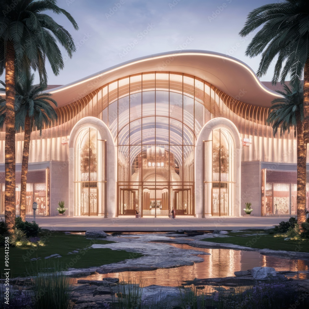 exterior design of a mall, inviting lights. The building is a modern ...