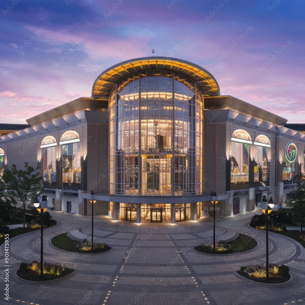 exterior design of a mall, inviting lights. The building is a modern ...