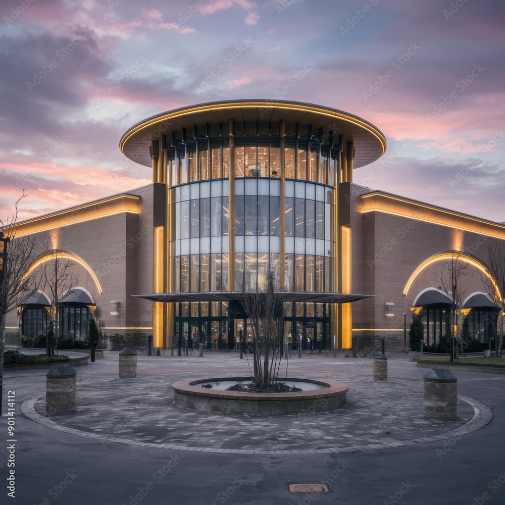 exterior design of a mall, inviting lights. The building is a modern ...