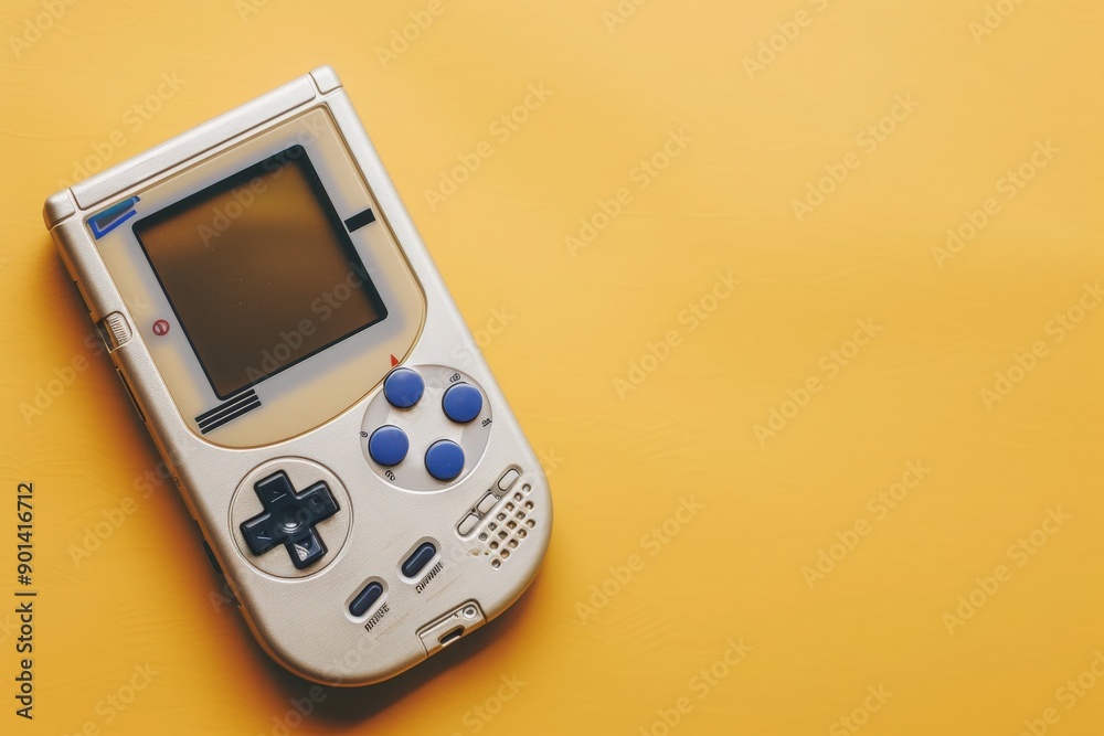 An isolated vintage handheld gaming console rests on a vibrant yellow ...
