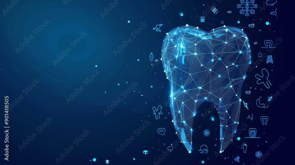 Digital dental technology on a dark blue background with a wireframe ...
