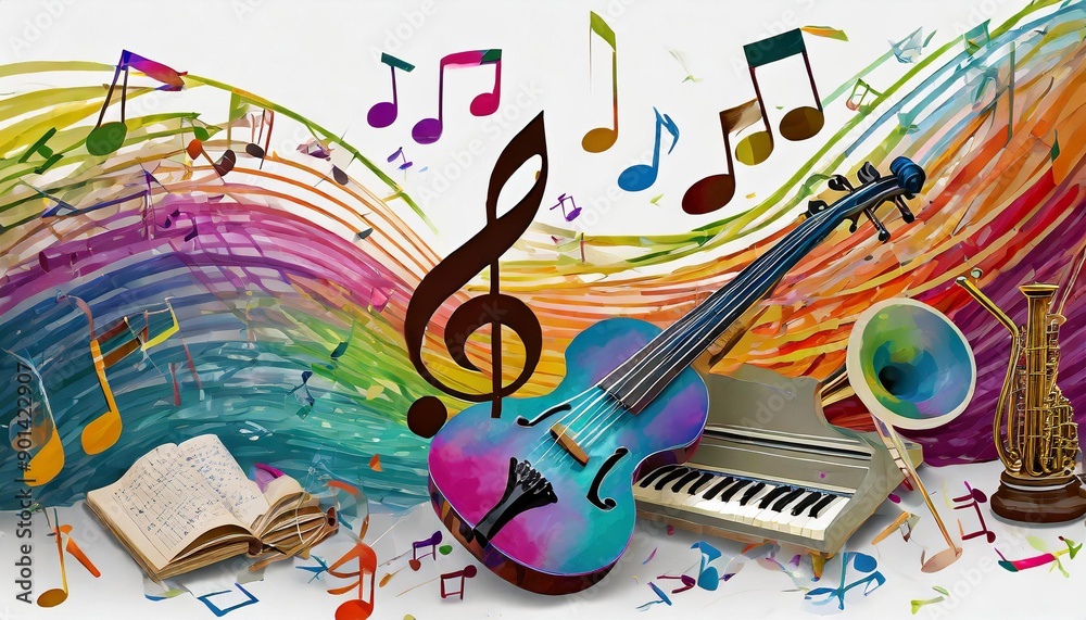 Colorful music notes and musical instruments background design isolated ...