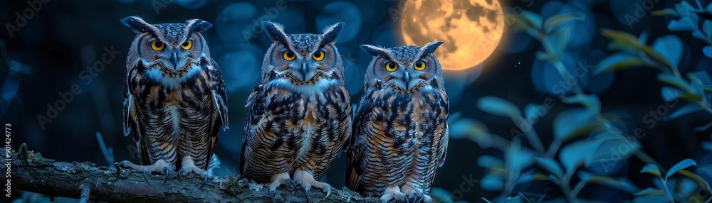 Owls and nocturnal animals active under the moonlight, nocturnal ...