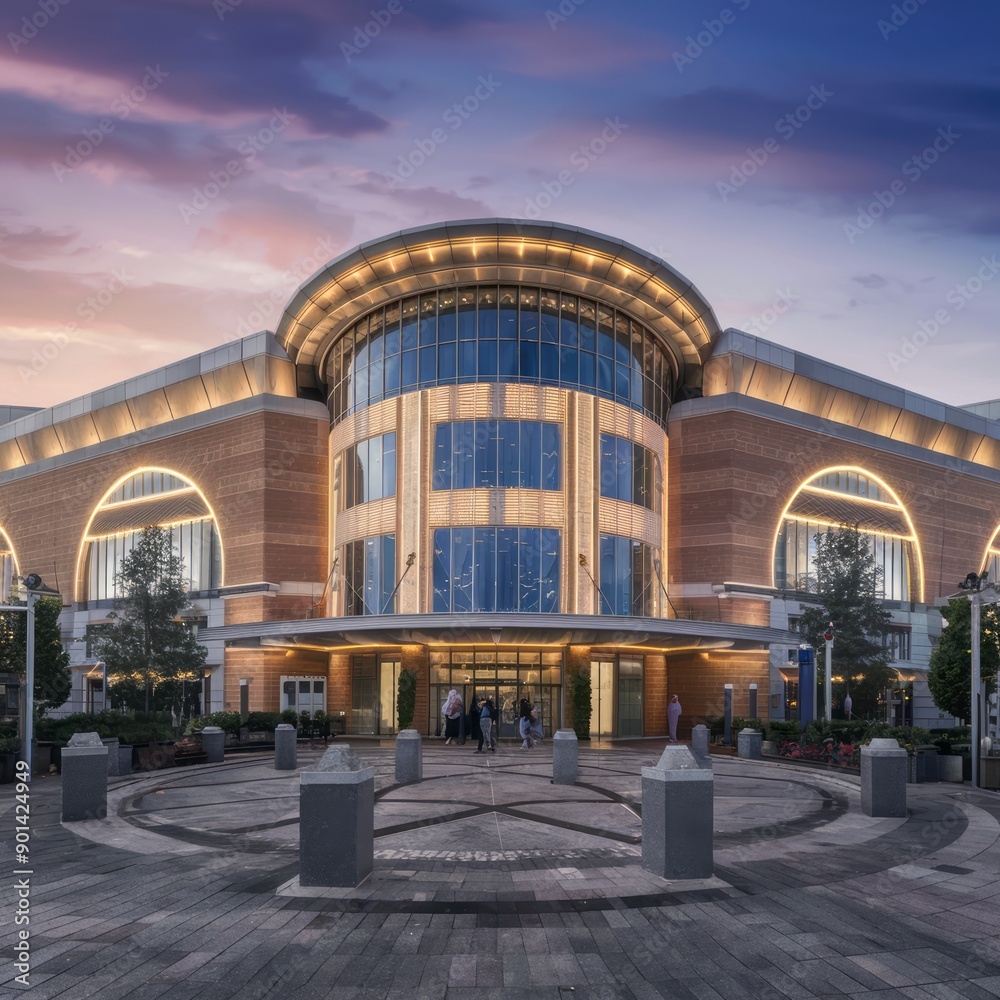 exterior design of a mall, inviting lights. The building is a modern ...
