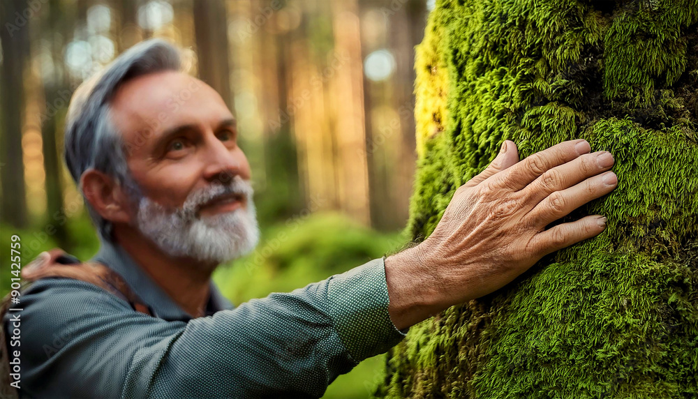 Extreme closeup of a hand of a senior man touching a tree with green ...