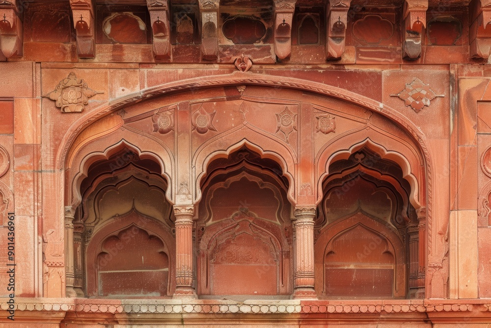 Architectural splendor of Agra Fort's red sandstone arches, symbolizing ...