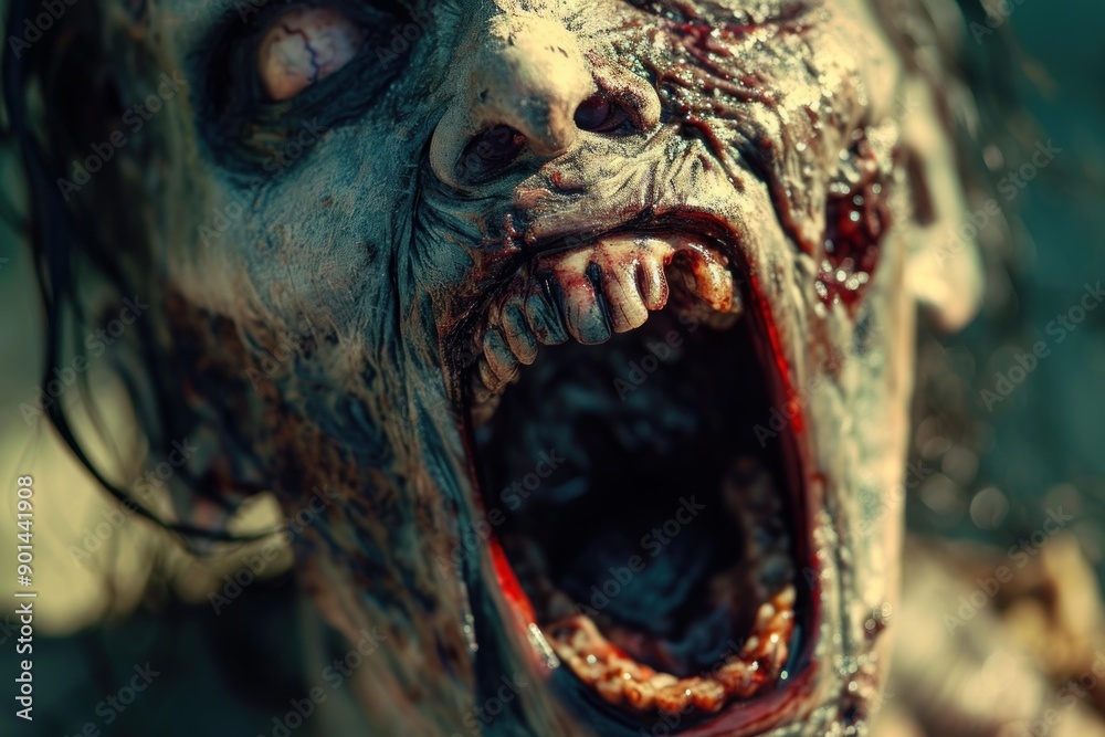 Terrifying close-up of a gory zombie face with bloody. Gruesome makeup ...