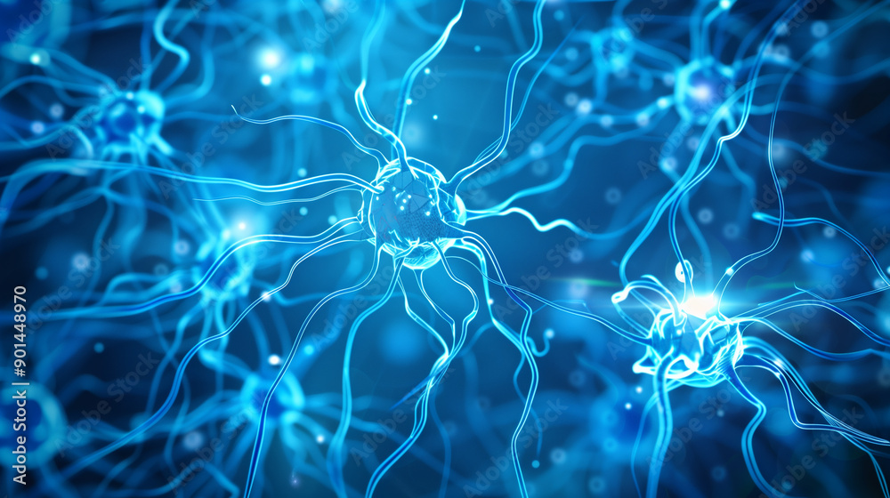 ภาพประกอบสต็อก A blue and white image of neurons. The neurons are ...