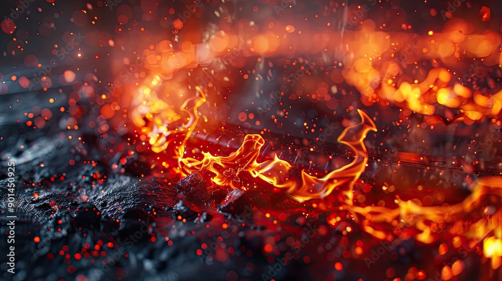 3D image of burning red rubber, featuring detailed flames and realistic ...