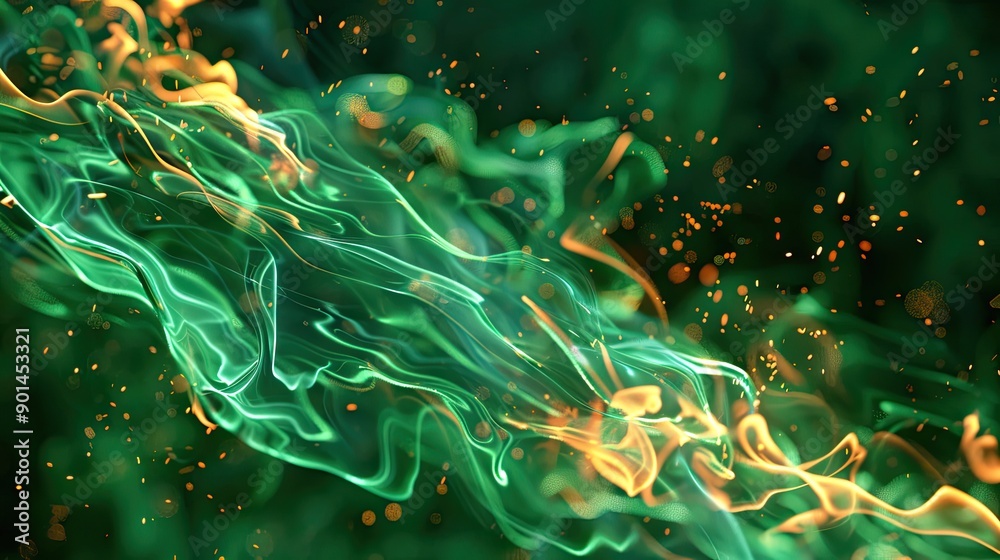 Dynamic 3D image of green rubber on fire, with bright flames and ...