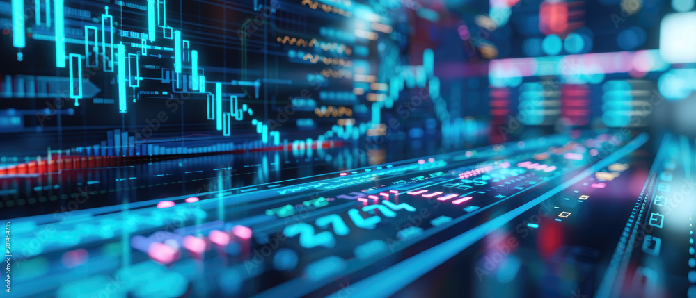 Explore a vibrant 3D visualization of a futuristic financial market ...