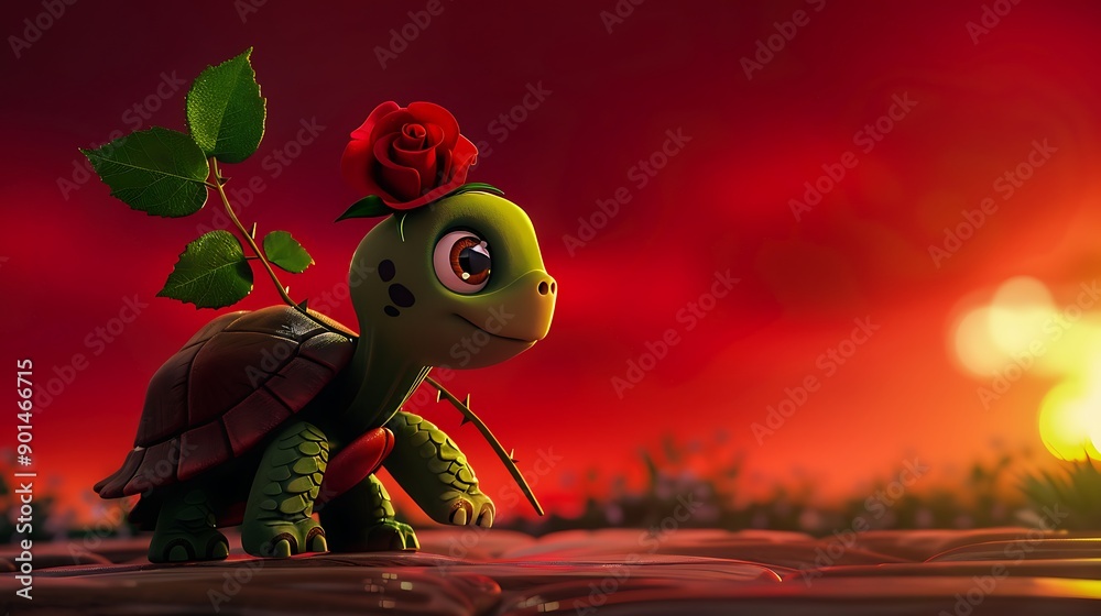An affectionate cartoon turtle with big, sparkling eyes, holding a red ...