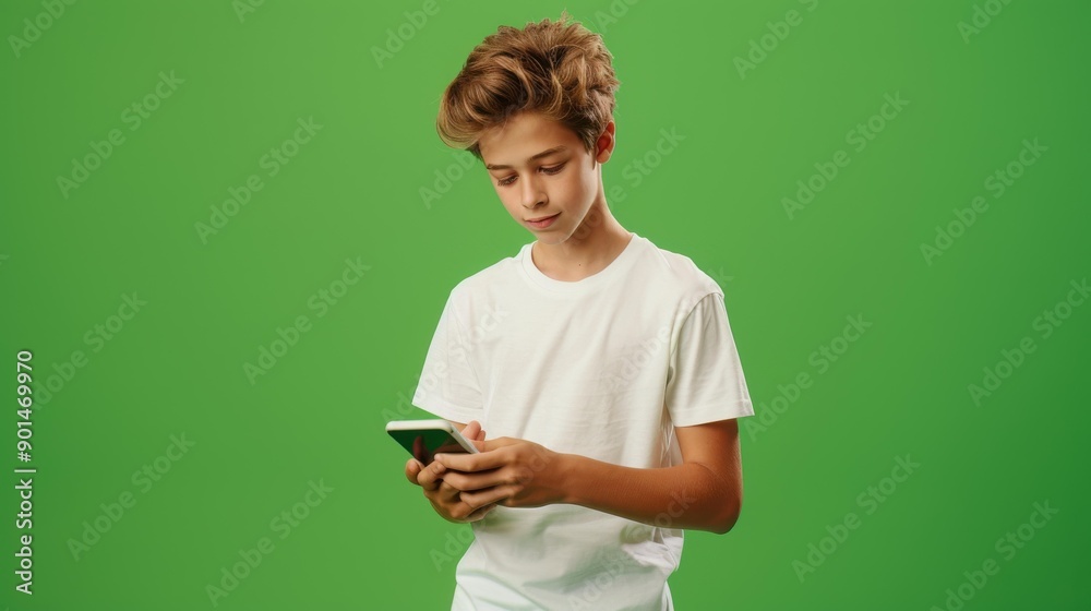 Teen boy using hand gestures on green screen with smartphone, tablet ...