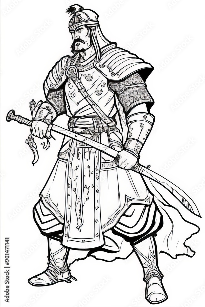 coloring book mongol warrior, full body, hand drown line art Stock ...