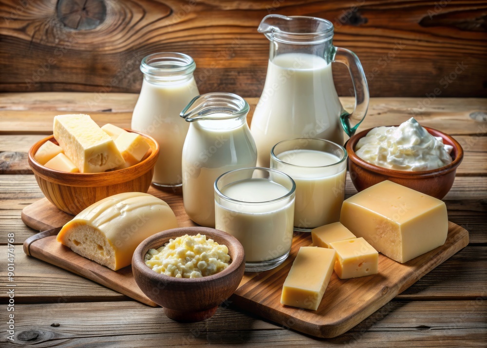Assorted varieties of milk, cheese, yogurt, and butter on a rustic ...