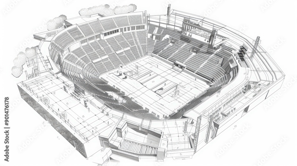 Diagram of a blueprint for a concert hall, showing seating arrangements ...