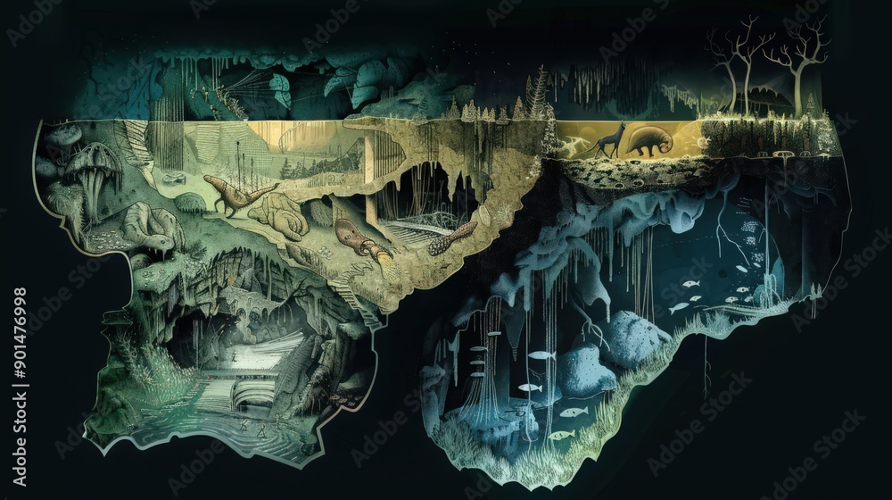 Diagram of a cave ecosystem, featuring unique cave-dwelling organisms ...