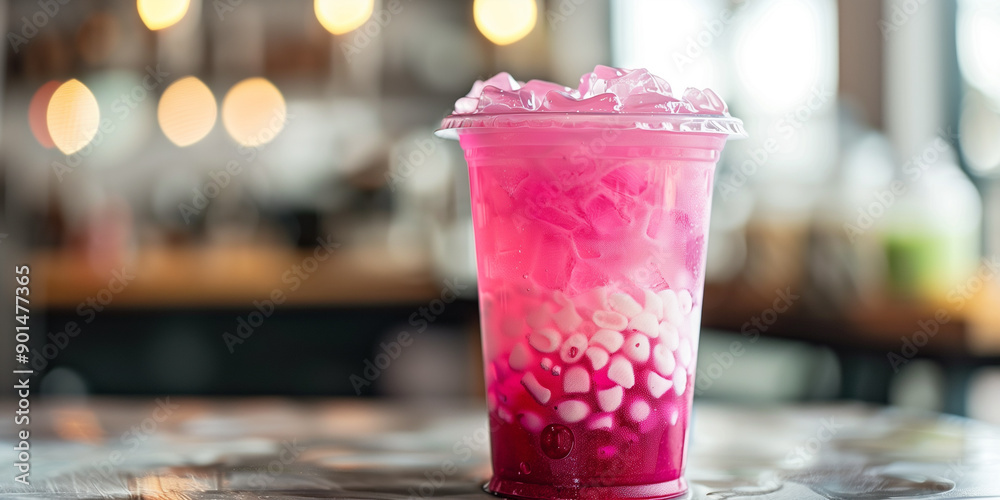 Transparent cup of yellow tea with floating white tapioca pearls and ...