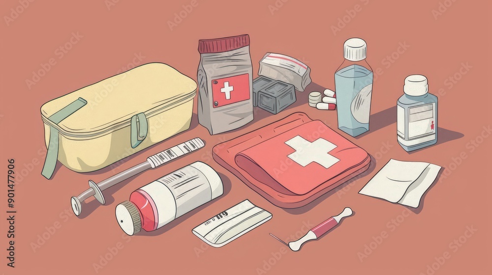 Diagram of a first aid kit with essential items like bandages ...