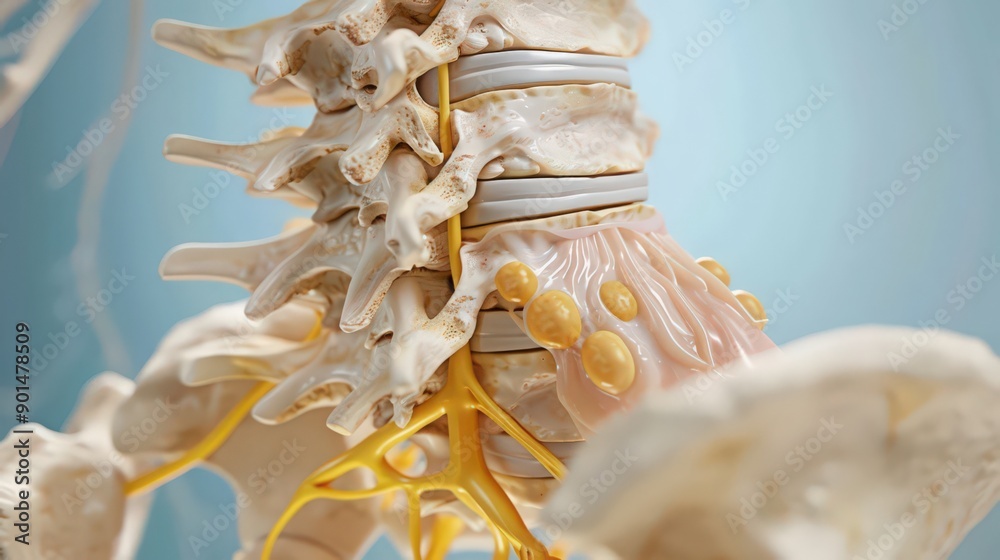 ภาพประกอบสต็อก Diagram of a herniated disc, showing displacement of the ...
