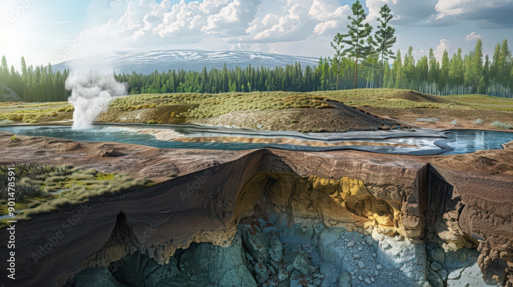 Diagram of a hot spring, showing the geothermal processes that heat ...