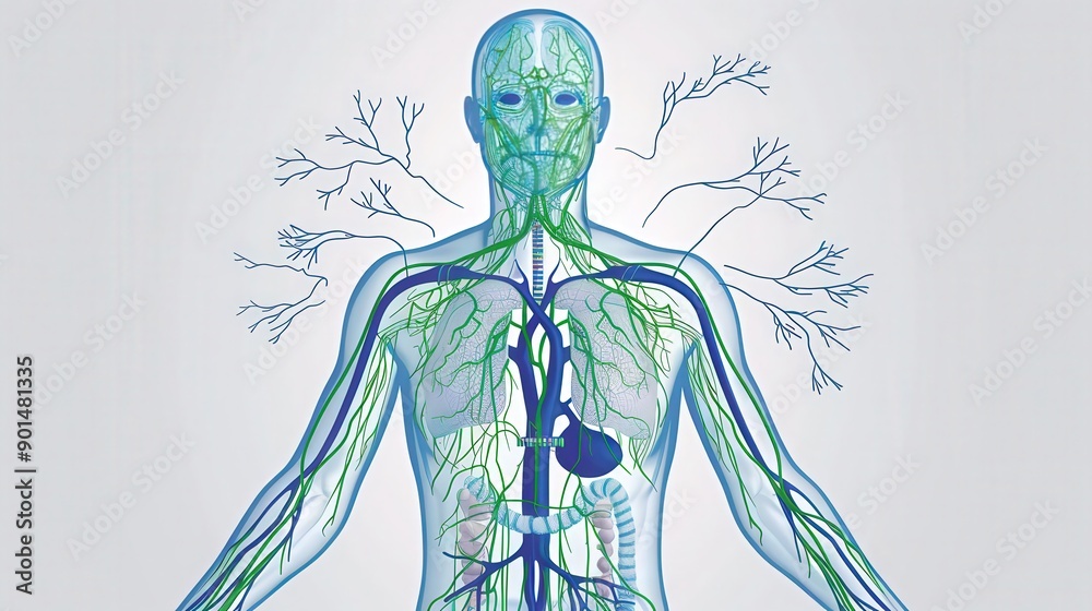Ilustrace „Diagram of the lymphatic system, with lymph nodes, vessels ...