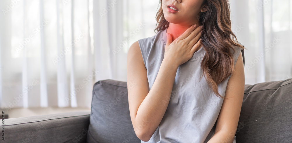 Sick asian women touching neck unwell coughing with sore throat pain ...