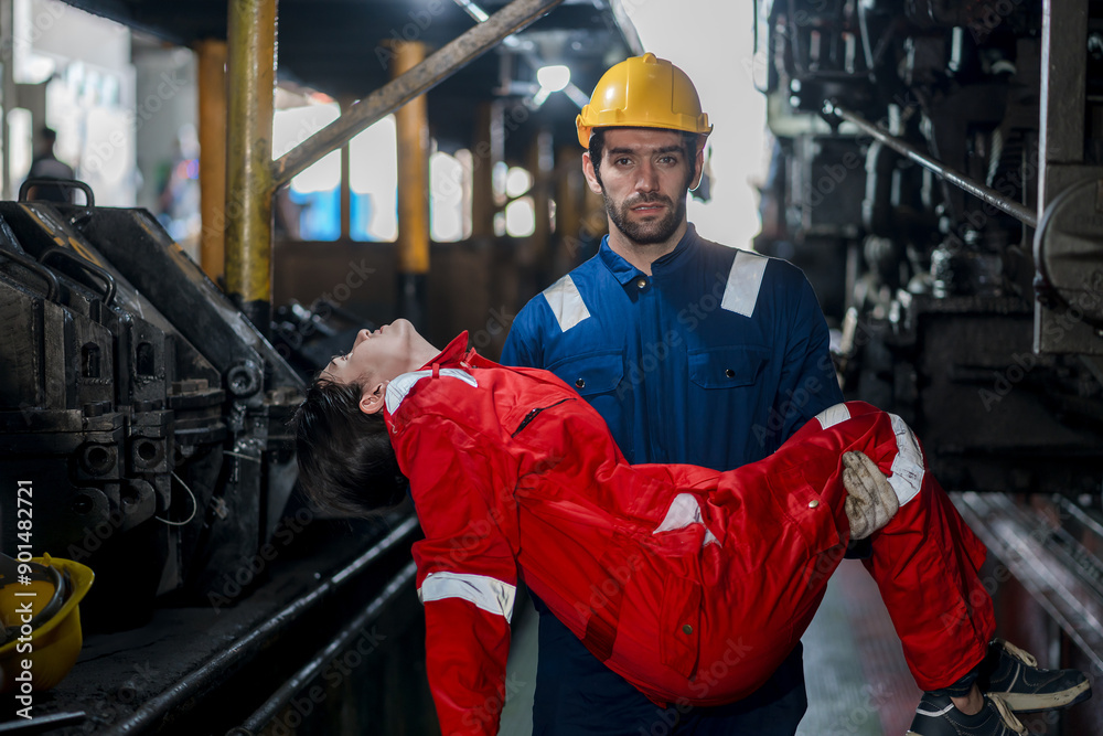 First aid support accident at work of worker at factory. Male worker ...