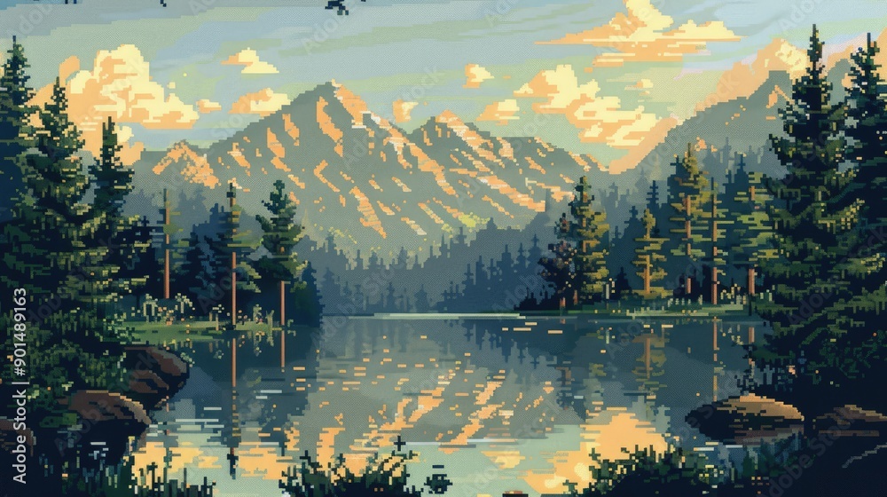 Tranquil pixel art landscape with evergreen trees, mountains, and a ...