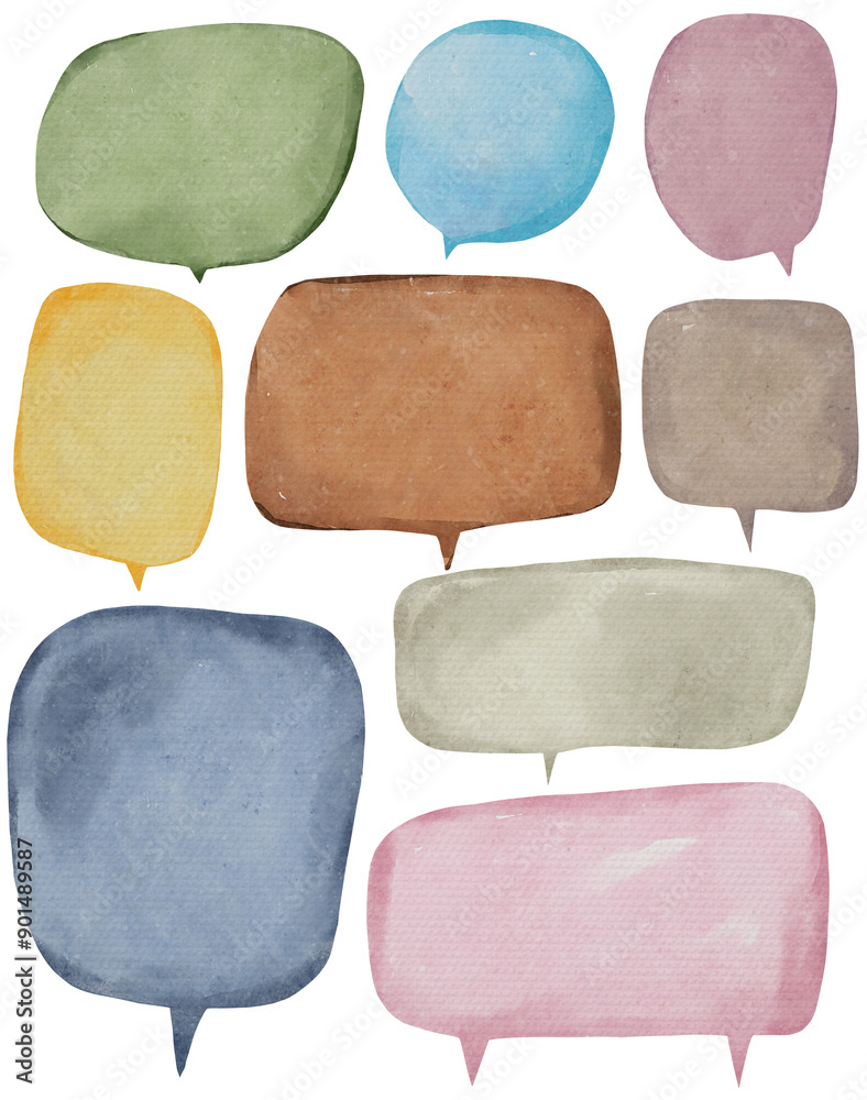 Speech bubbles watercolour,Cloud textbox set isolated,Hand paint ...