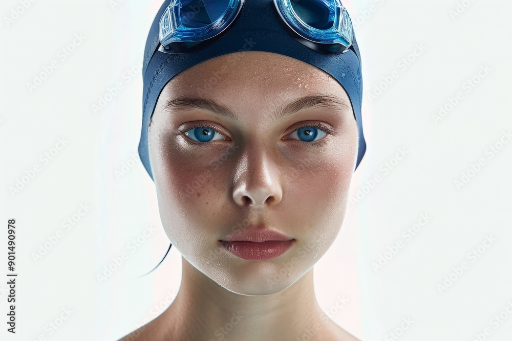 A swimmer with blue goggles and a swim cap poses for a portrait; her ...