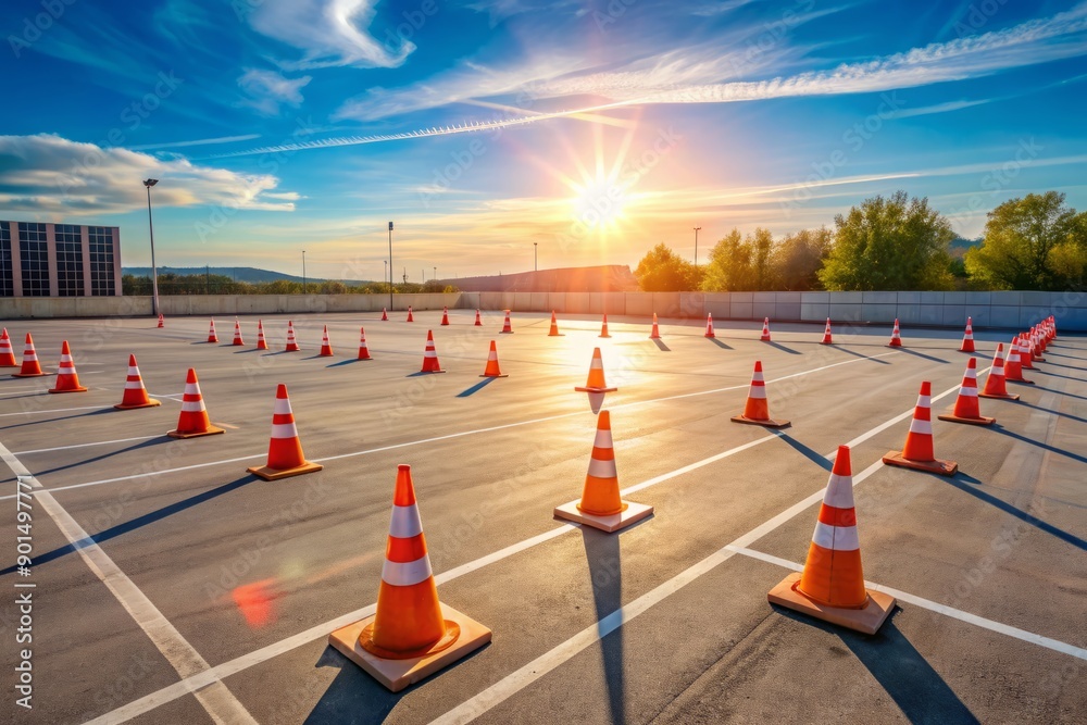 Concrete driving training area with marked lanes, traffic signs, and ...