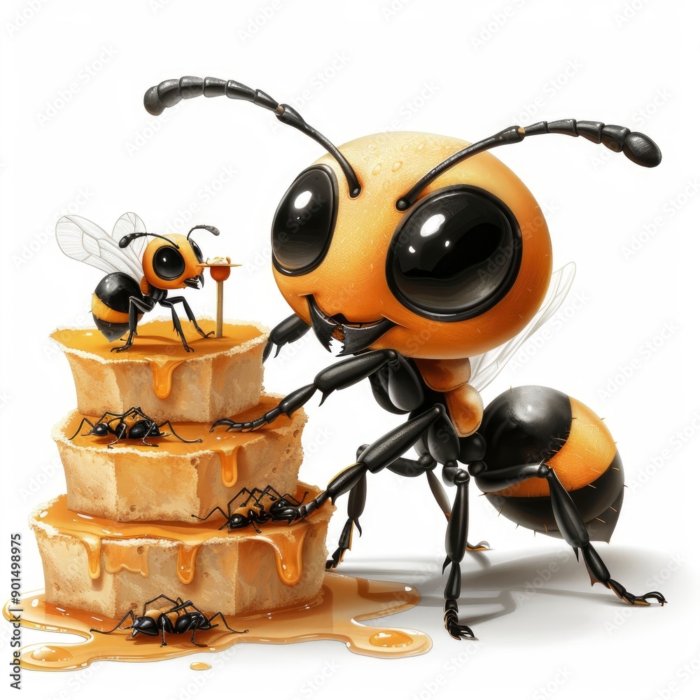Cartoon Bee with Honeycomb and Other Bees Stock Illustration | Adobe Stock