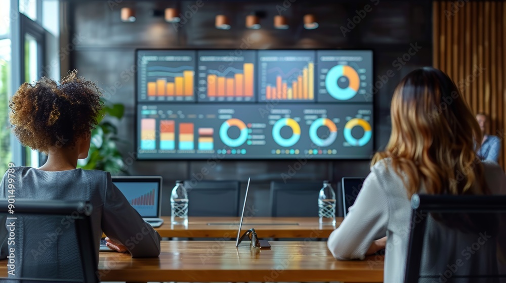 Team Collaborating on Data Analysis in Modern Conference Room With ...