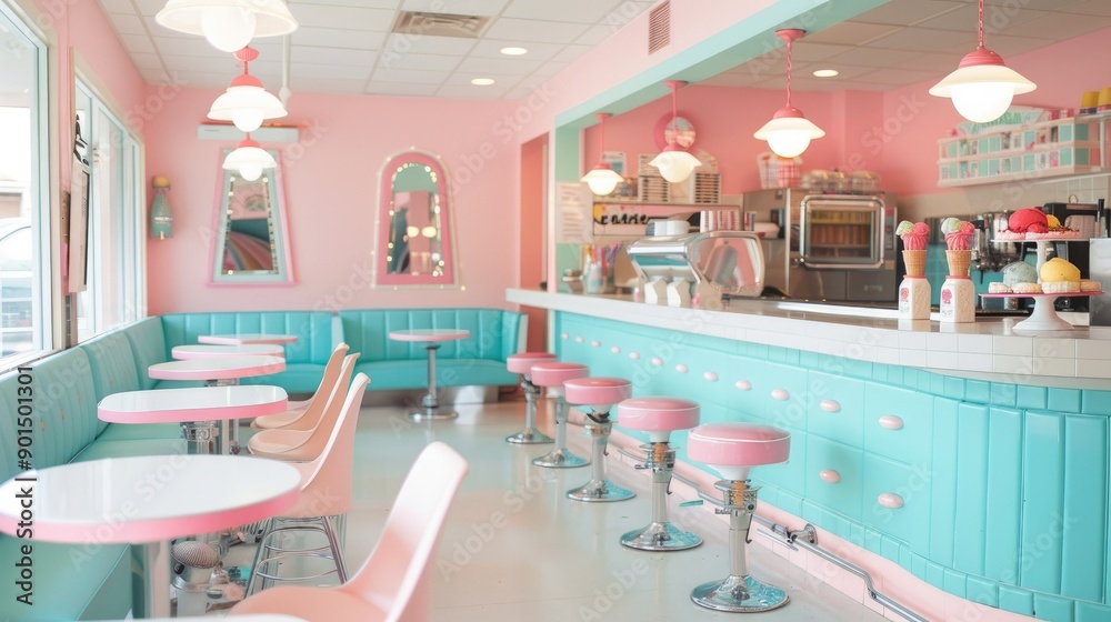 An inviting vintage ice cream parlor with a pink and turquoise color ...