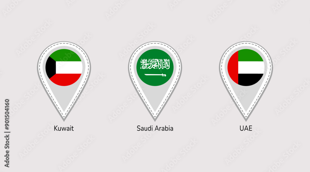 Vetor de Saudi Arabia, UAE, Kuwait flags map pins isolated icons vector ...