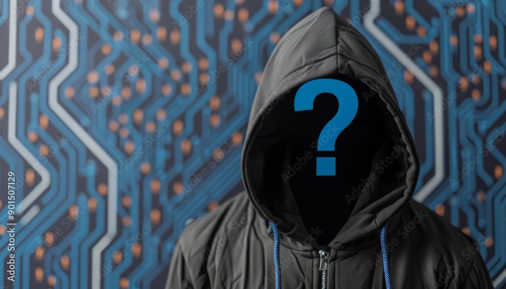 faceless man in black hoodie with blue question mark on circuit board ...