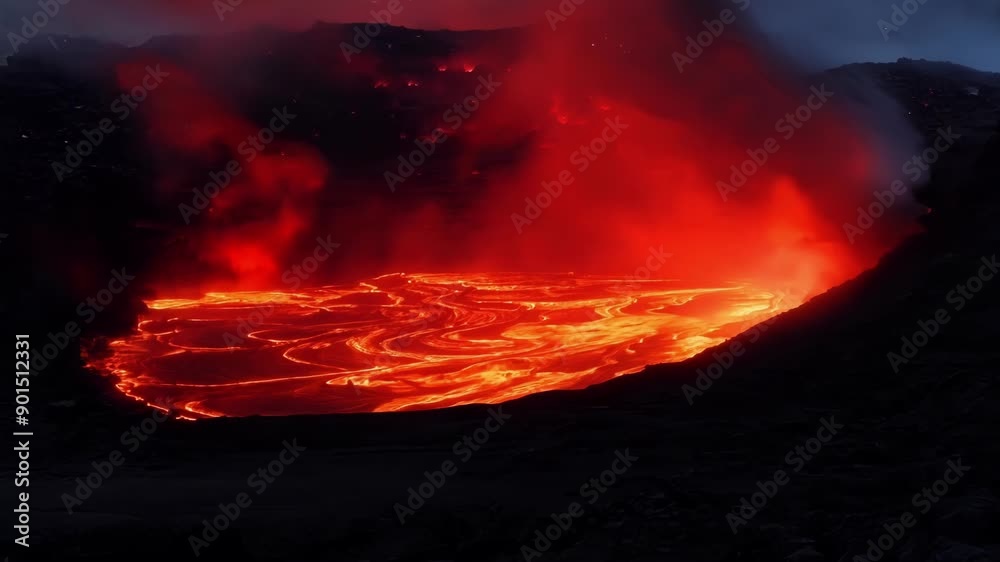 An eerie red glow emanates from the depths of the volcano giving the ...