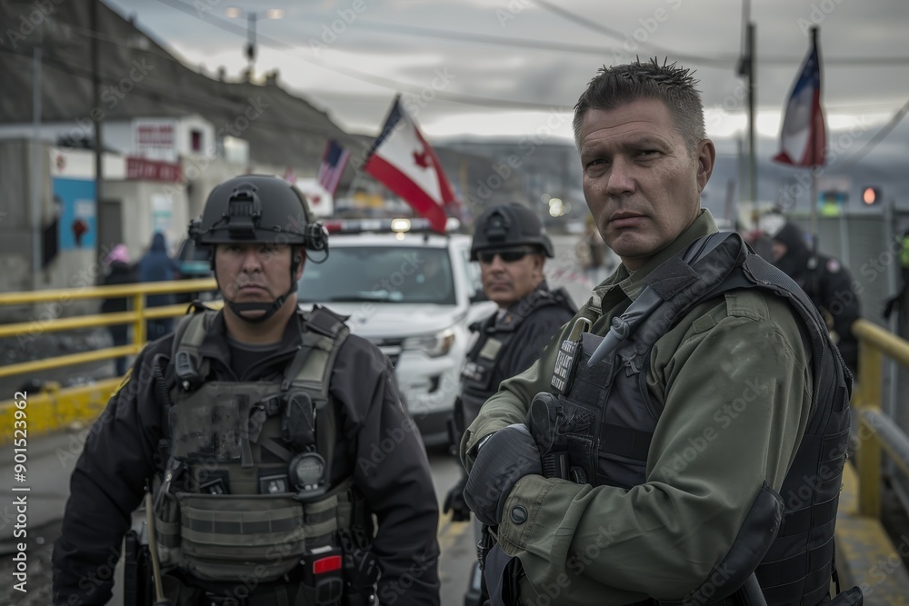 Three law enforcement officers in tactical gear are standing on duty ...