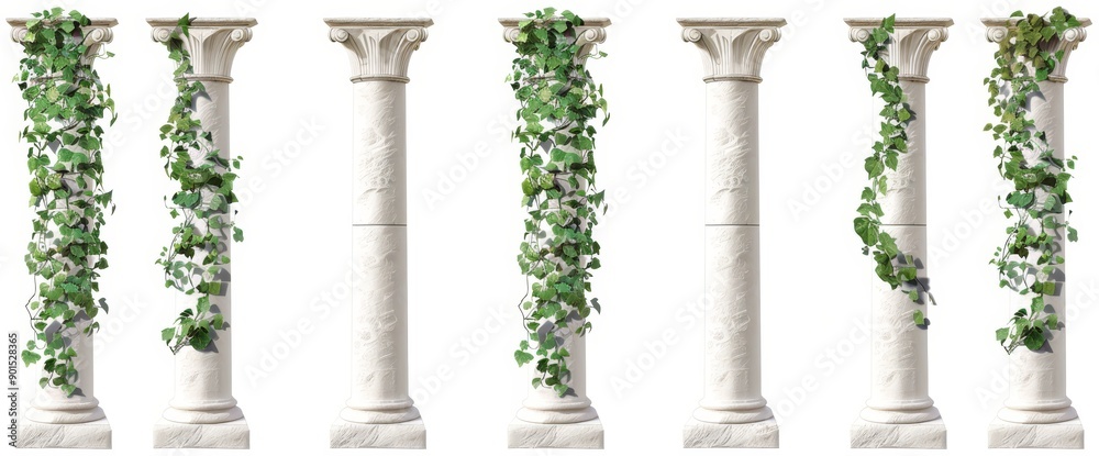 Greek columns with green ivy creeper isolated on white background ...
